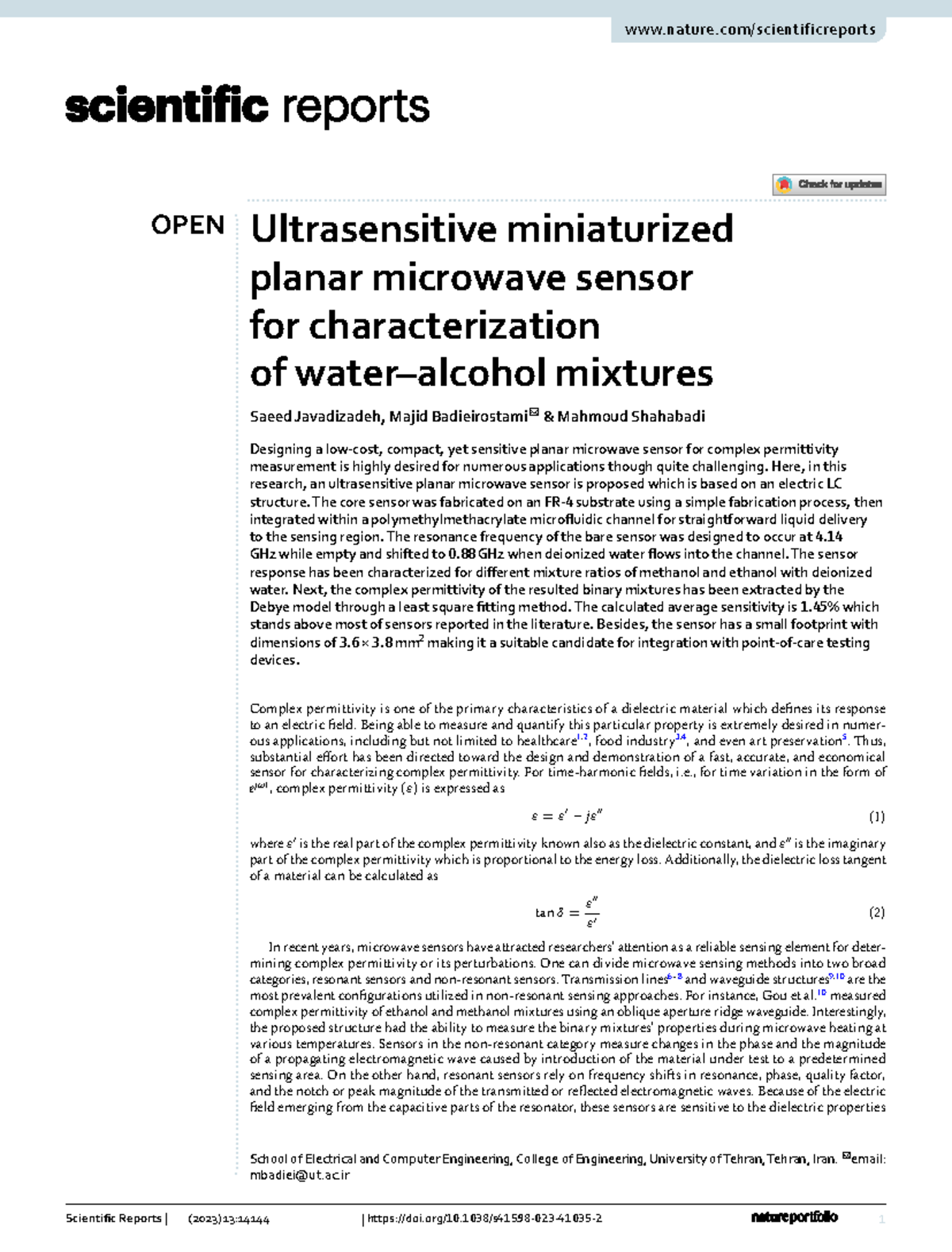 Ultrasensitive Planar Microwave Sensor for Water-Alcohol Mixture ...