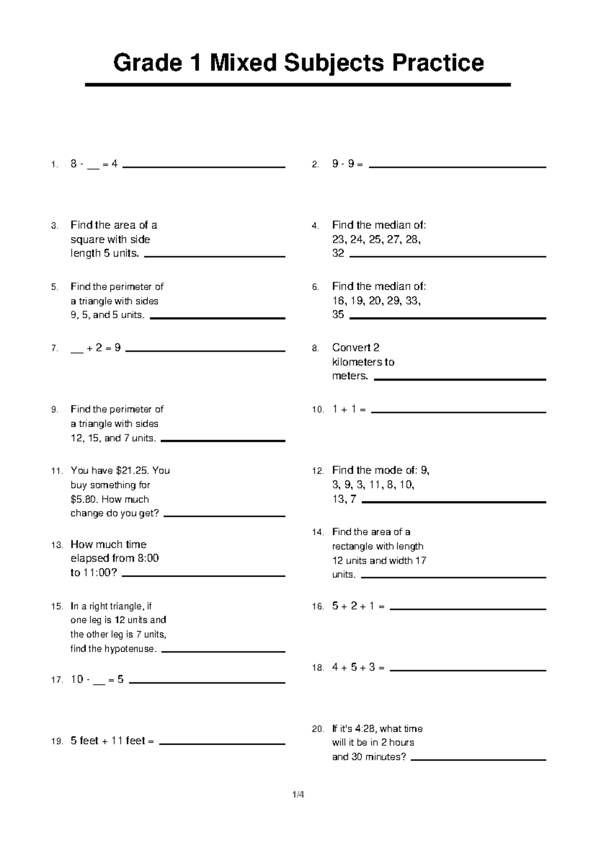 Grade 1 Mixed Subjects Practice 11: Math Skills & Concepts - Studocu