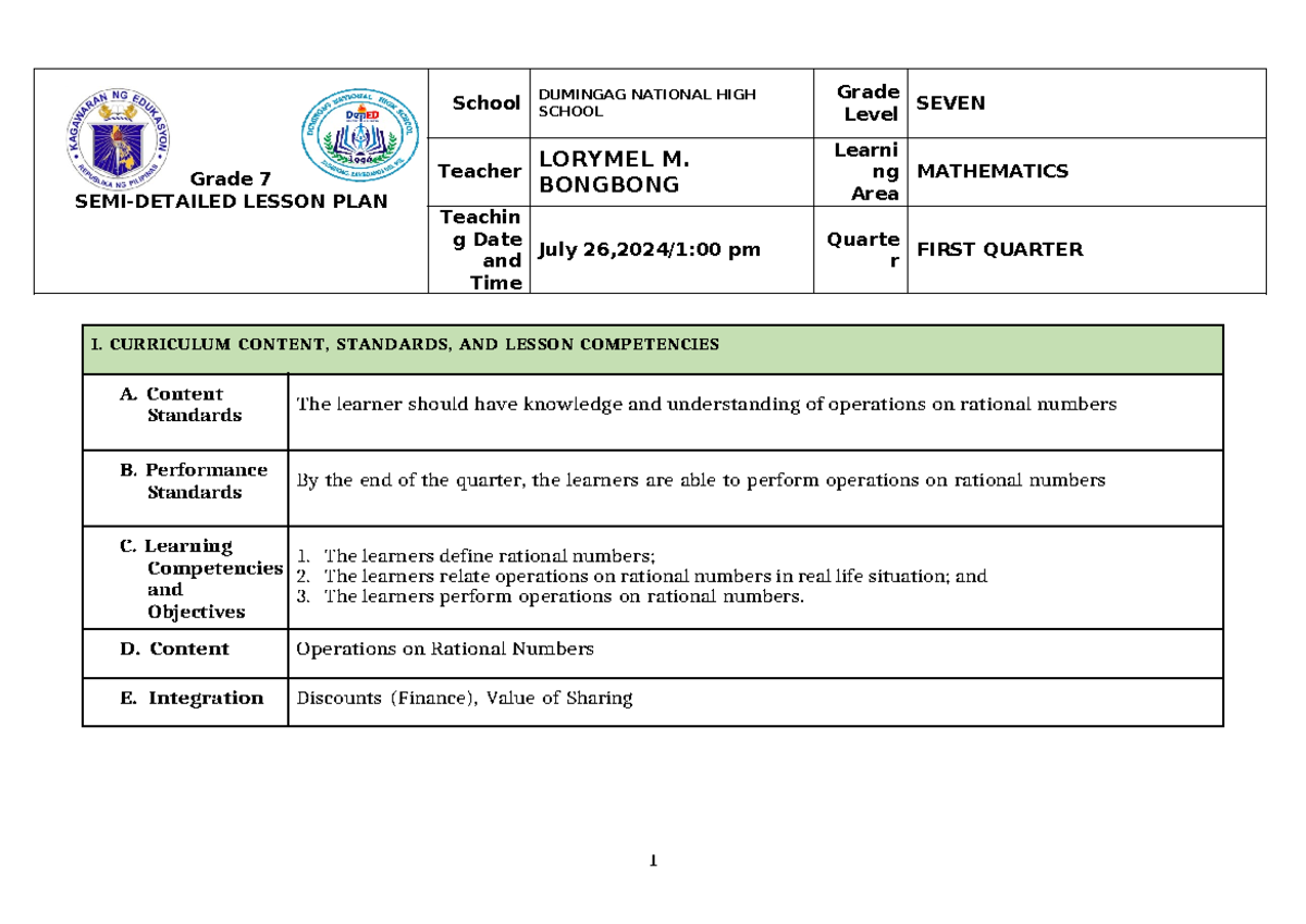 Bongbong-L - lesson plan - Grade 7 SEMI-DETAILED LESSON PLAN School ...