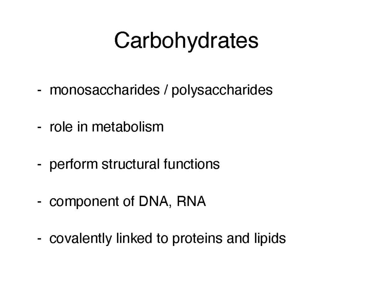 Carbohydrates: Monosaccharides & Polysaccharides in Metabolism - Studocu