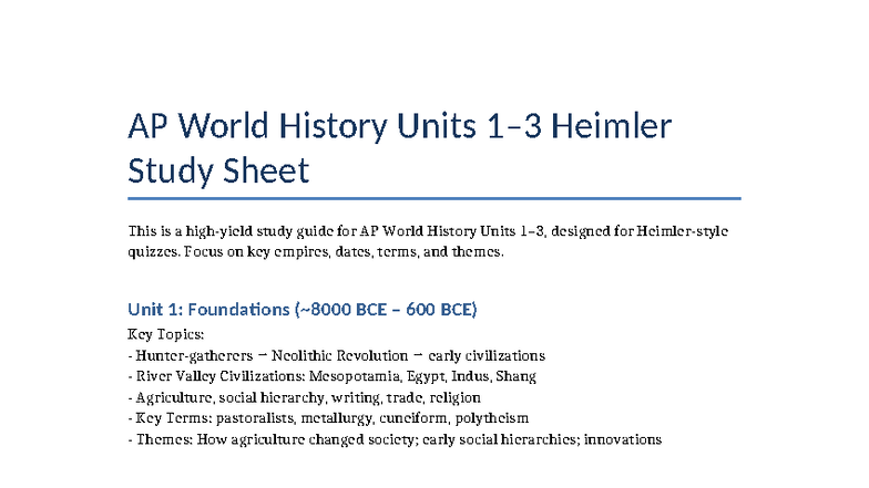 AP World History Units 1-3 Study Guide for Quizzes - Studocu