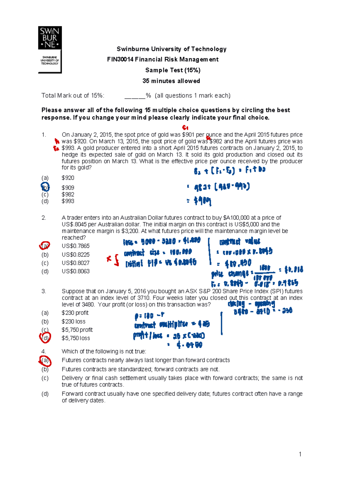 Swinburne University FIN30014 Financial Risk Management Sample Test ...