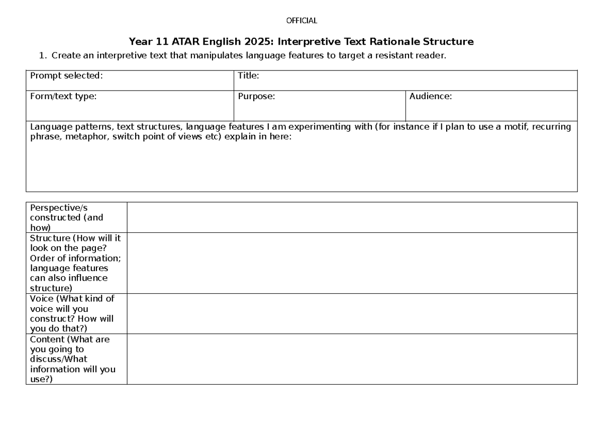 Year 11 ATAR English 2025: Interpretive Text Rationale & Prompts - Studocu