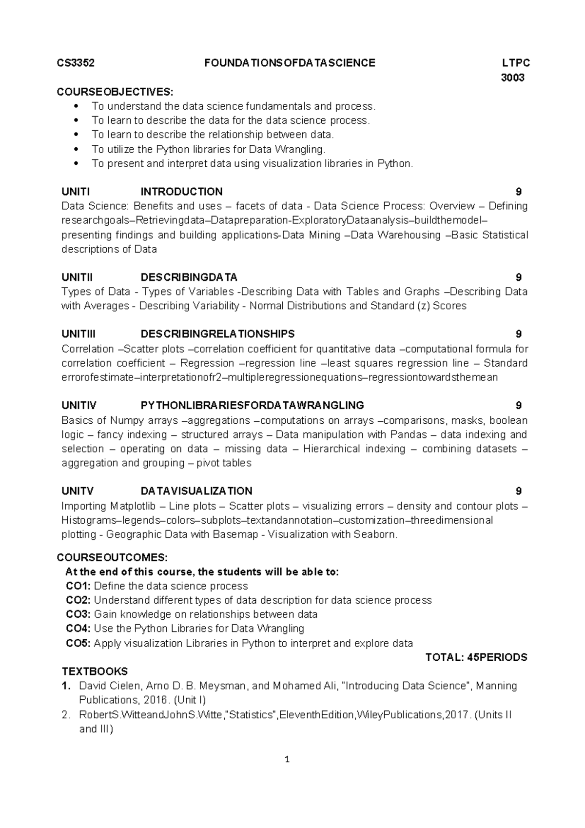 Syll - FODS - CS3352 FOUNDATIONSOFDATASCIENCE LTPC 3003 ...