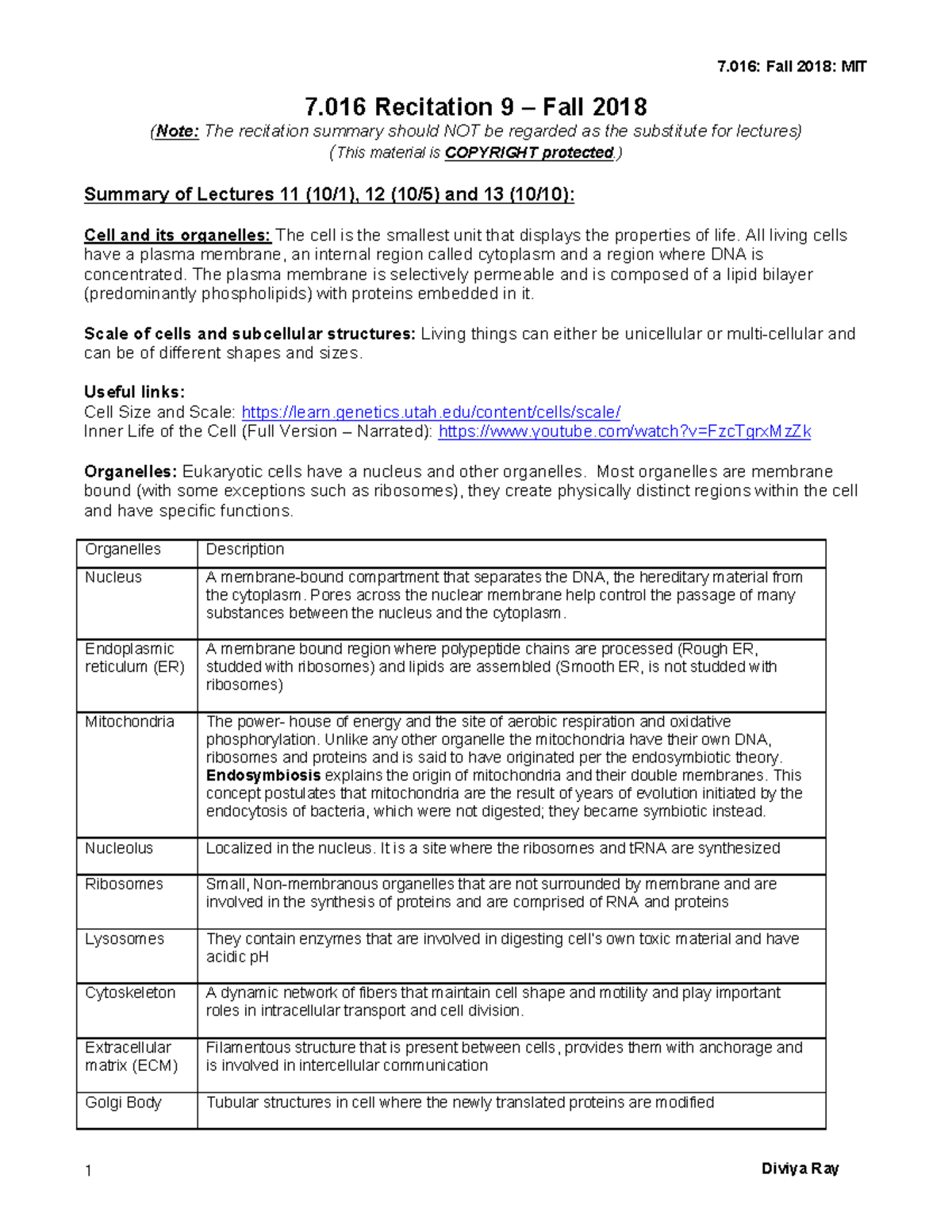7.016: Fall 2018 Recitation 9 Summary of Cell Structure and Genetics ...