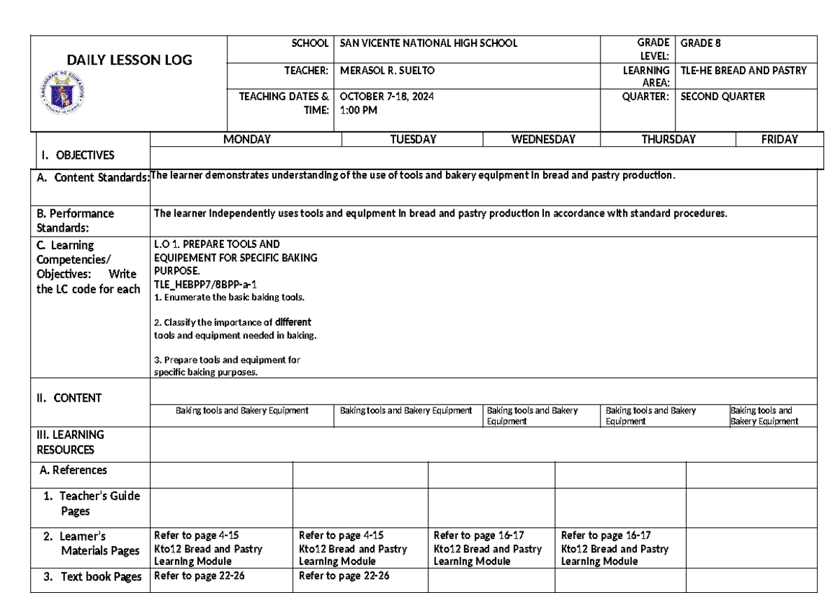 TLE-HE 8 Lesson on Baking Tools & Equipment (Weeks 1-2) - Studocu