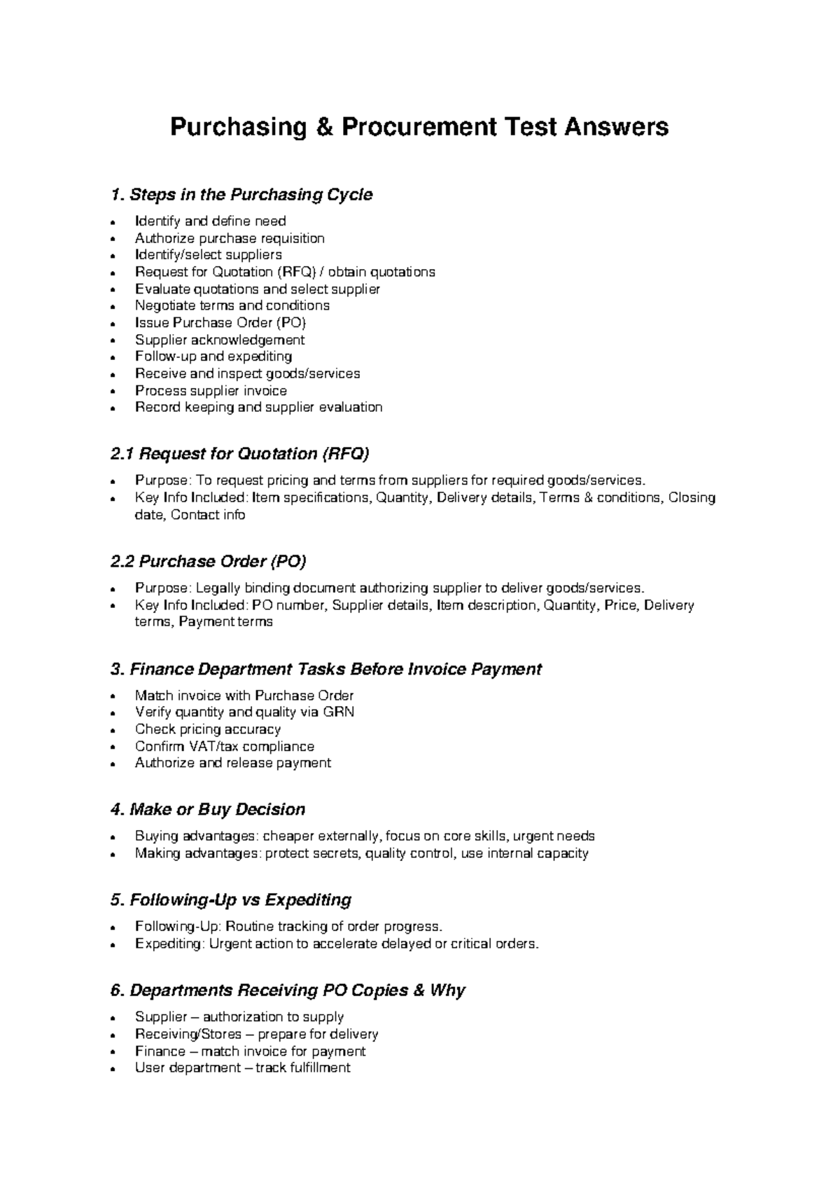 Purchasing Procurement Test Answers: Key Steps & Processes - Studocu