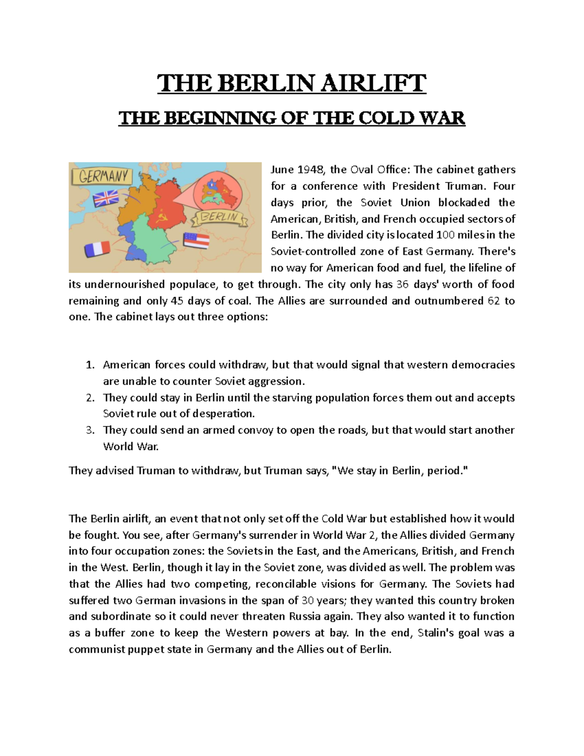 THE Berlin Airlift - THE BERLIN AIRLIFT THE BEGINNING OF THE COLD WAR ...
