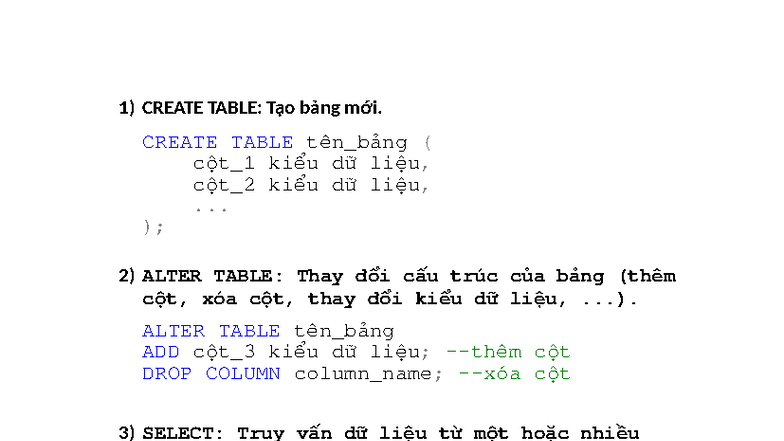 Lệnh Cơ Bản SQL: Tạo, Thay Đổi, và Truy Vấn Dữ Liệu - Studocu