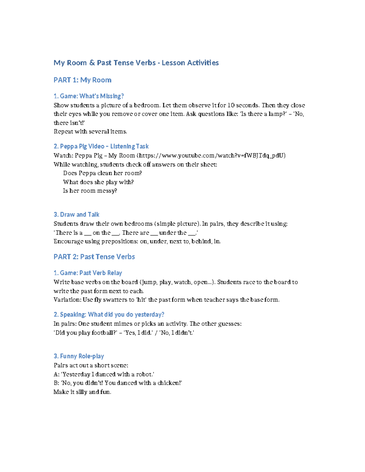 My Room & Past Tense Verbs Lesson Activities (Part 1 & 2) - Studocu