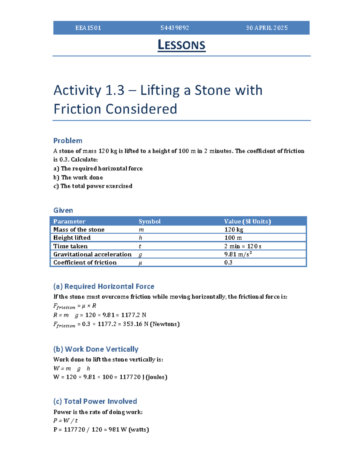 EEA1501 54439892 Lessons on Energy, Work, and Power Calculations - Studocu