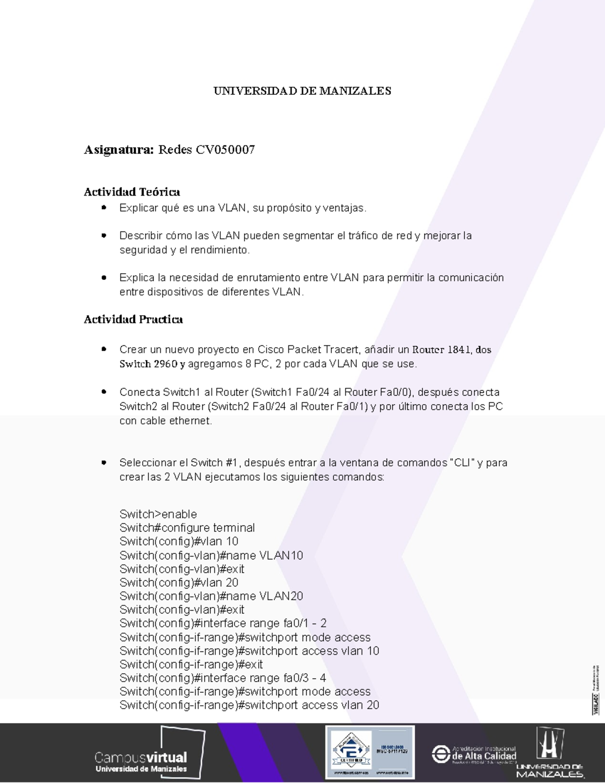 Actividad 2: VLAN y Enrutamiento en Cisco Packet Tracer - Redes - Studocu