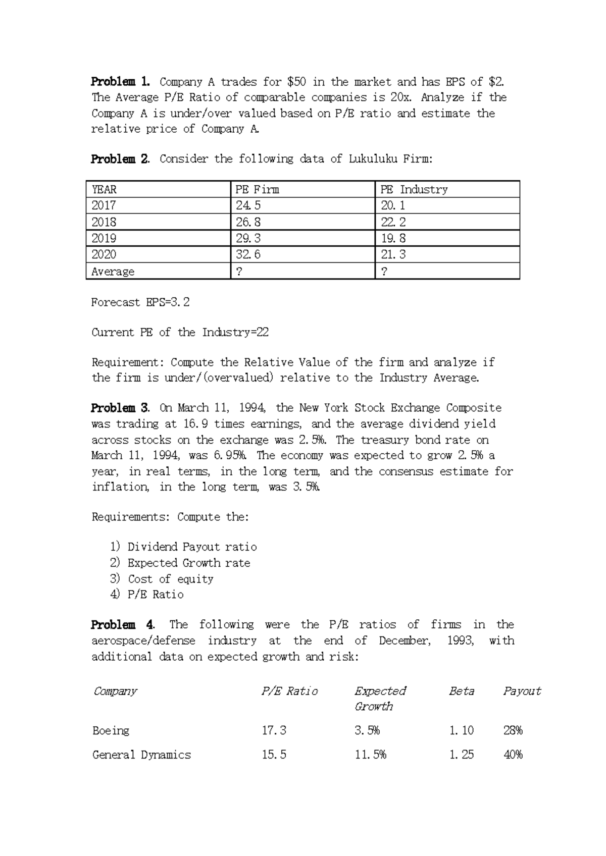 Relative Valuation Practice Problems for Finance Course (FIN 301) - Studocu