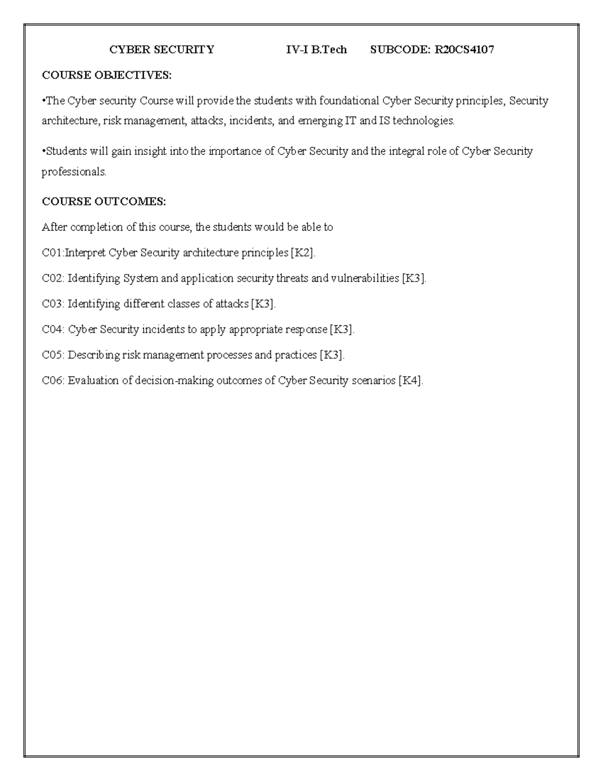 Cyber Security Course Objectives & Outcomes - R20CS4107 - Studocu