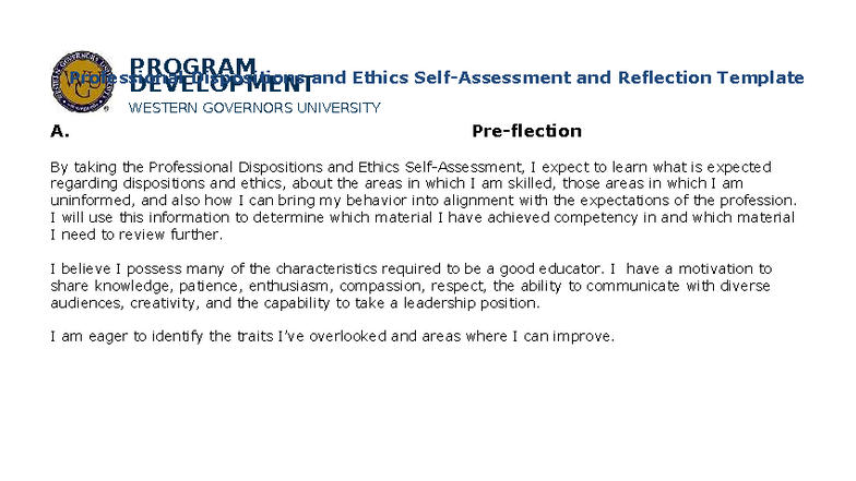 WGU Professional Dispositions & Ethics Self-Assessment Reflection - Studocu