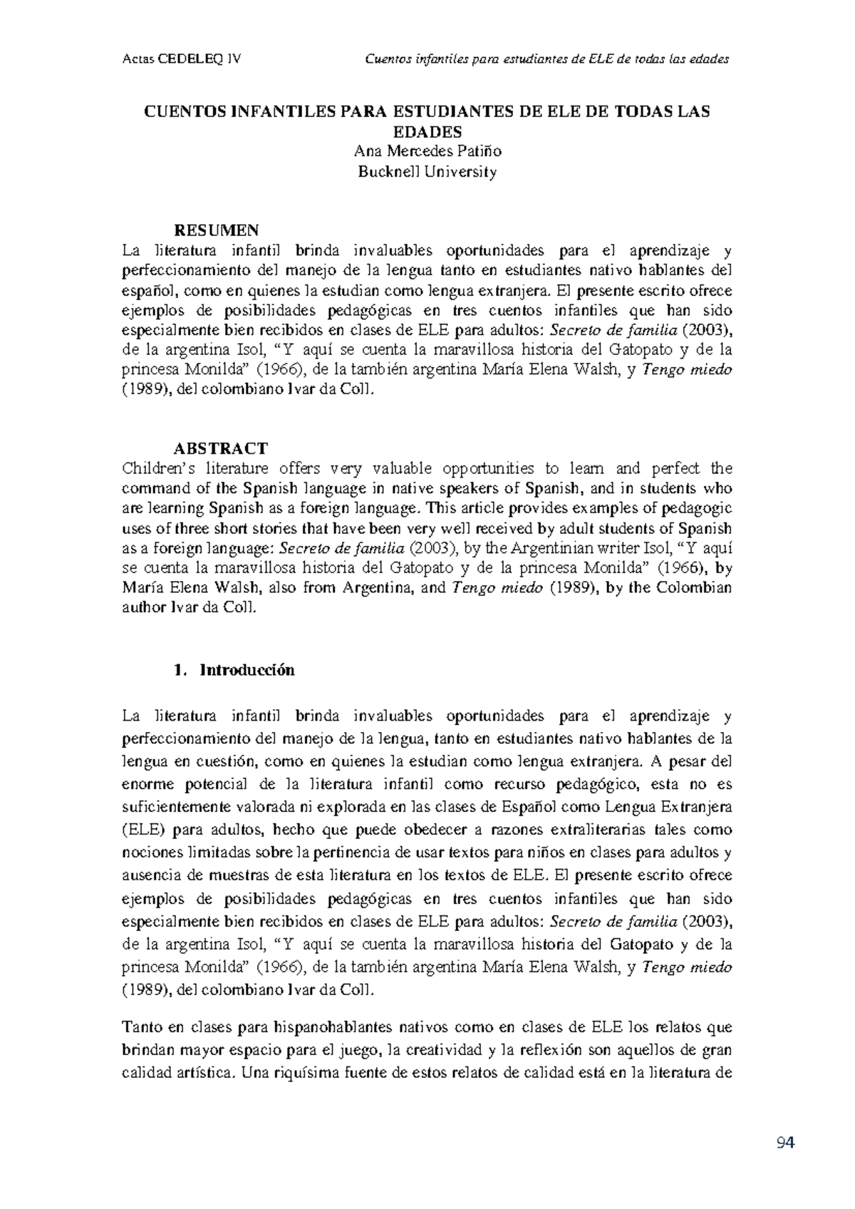 Cuentos Infantiles para Estudiantes de ELE: Actas CEDELEQ IV - Studocu