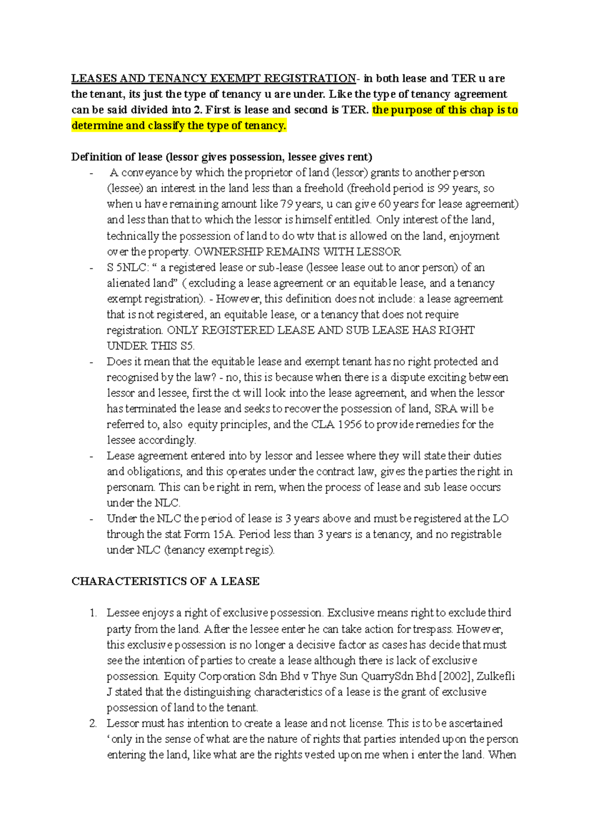 Lease and Tenancy Exempt: Land Law Final Exam Notes - Studocu