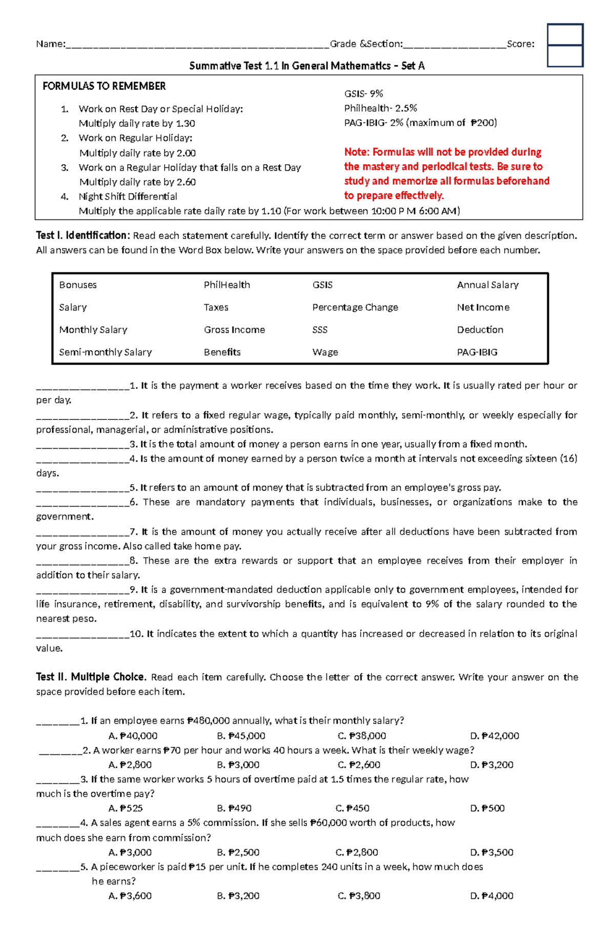 GEN MATH - Summative Test 1.1: Key Formulas & Practice Questions - Studocu