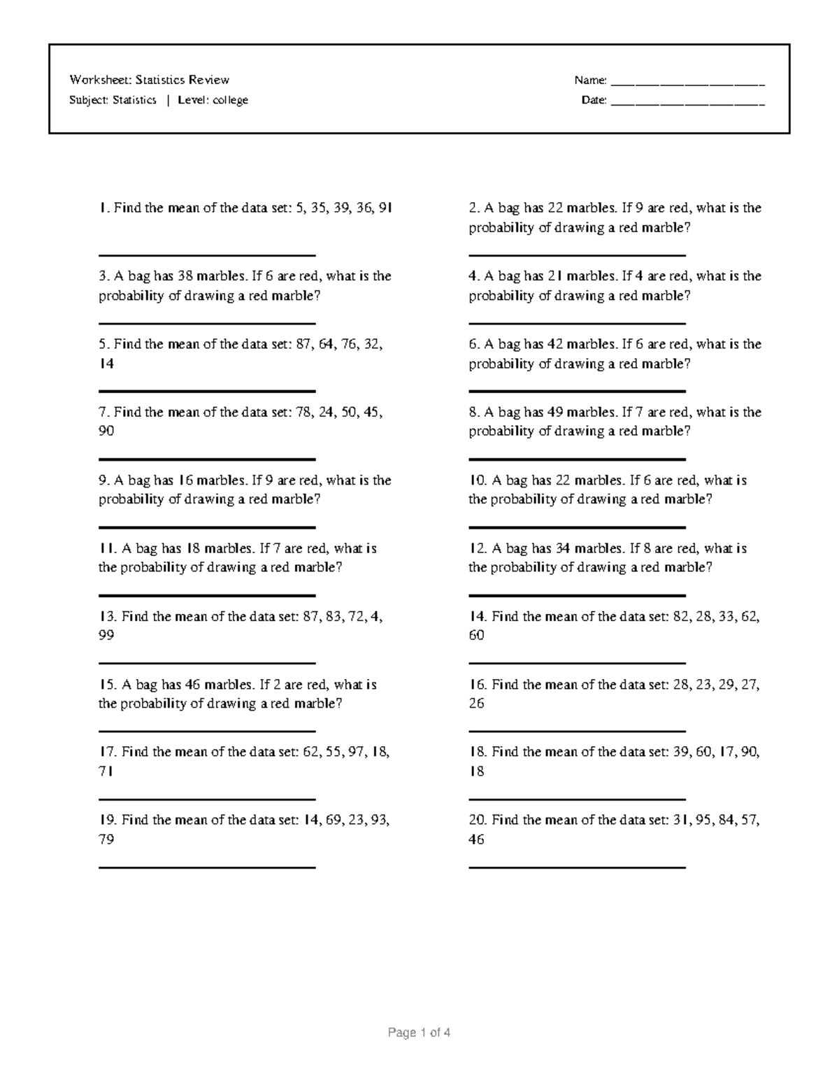 Statistics Review Worksheet: Mean & Probability Problems (College ...