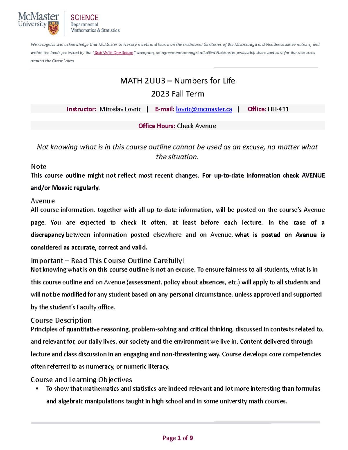 [COURSE OUTLINE] [2023 FALL] MATH 2UU3 Numbers for Life Course Overview ...