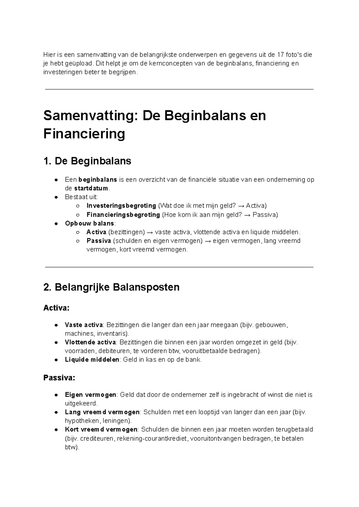 Samenvatting Beko: Belangrijkste Onderwerpen van Beginbalans en ...
