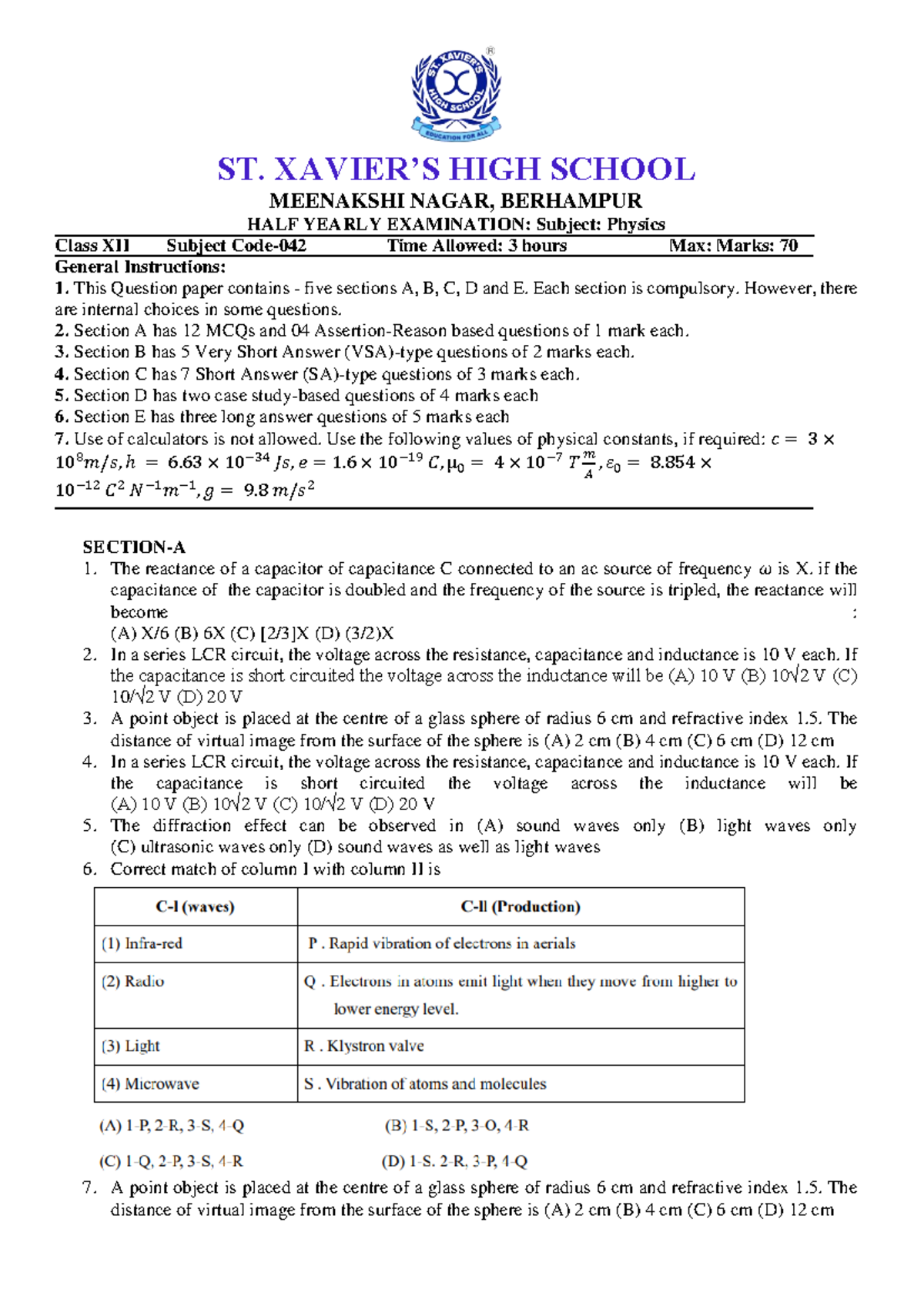 Half-Yearly Exam: Physics Class XII (Subject Code-042) 2024 - Studocu