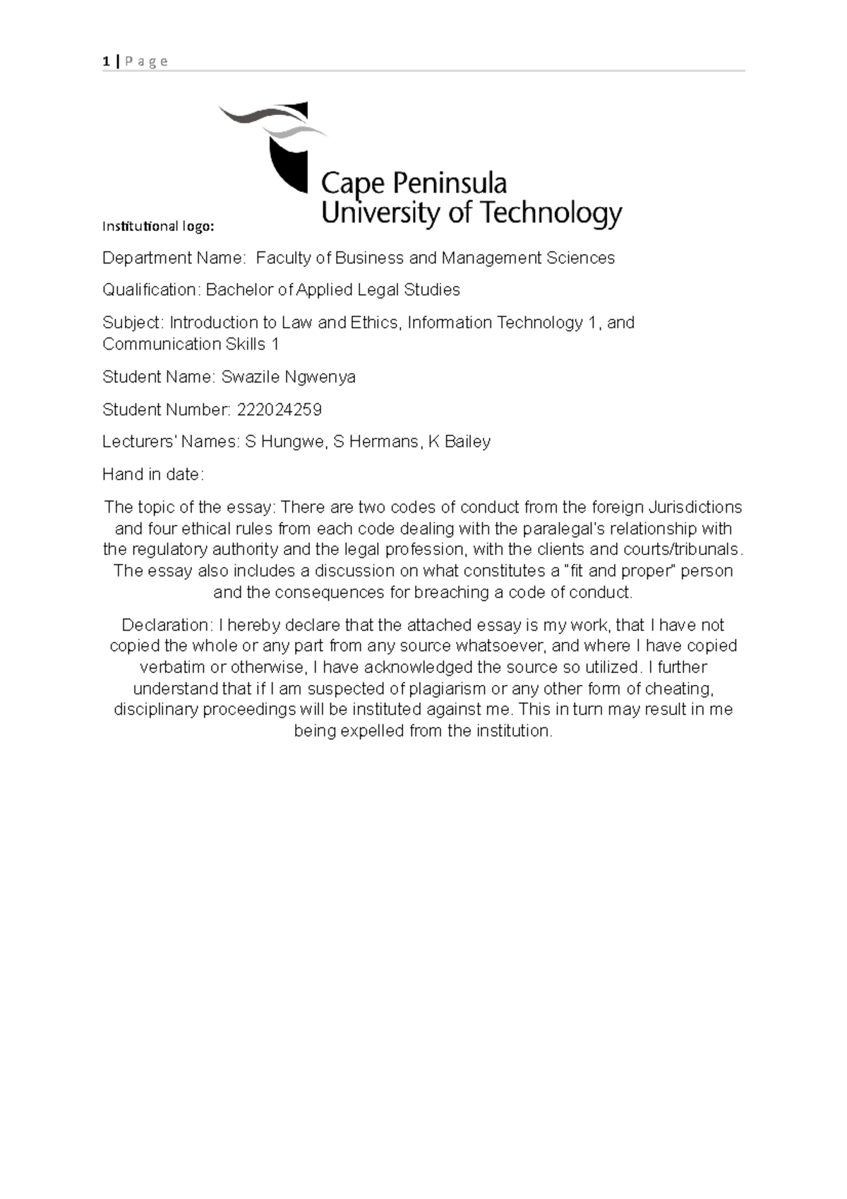 Academic essay 2 - Institutional logo: Department Name: Faculty of ...