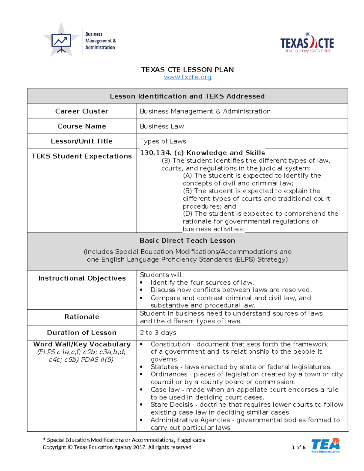 Lesson Plan: Understanding Types of Laws in Business Law (130.134 ...
