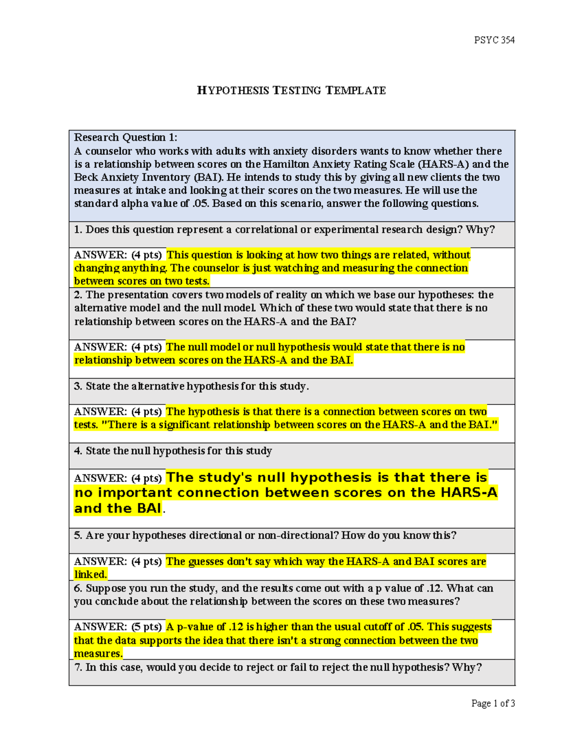 PSYC 354 Hypothesis Testing: Correlation and Treatment Efficacy ...