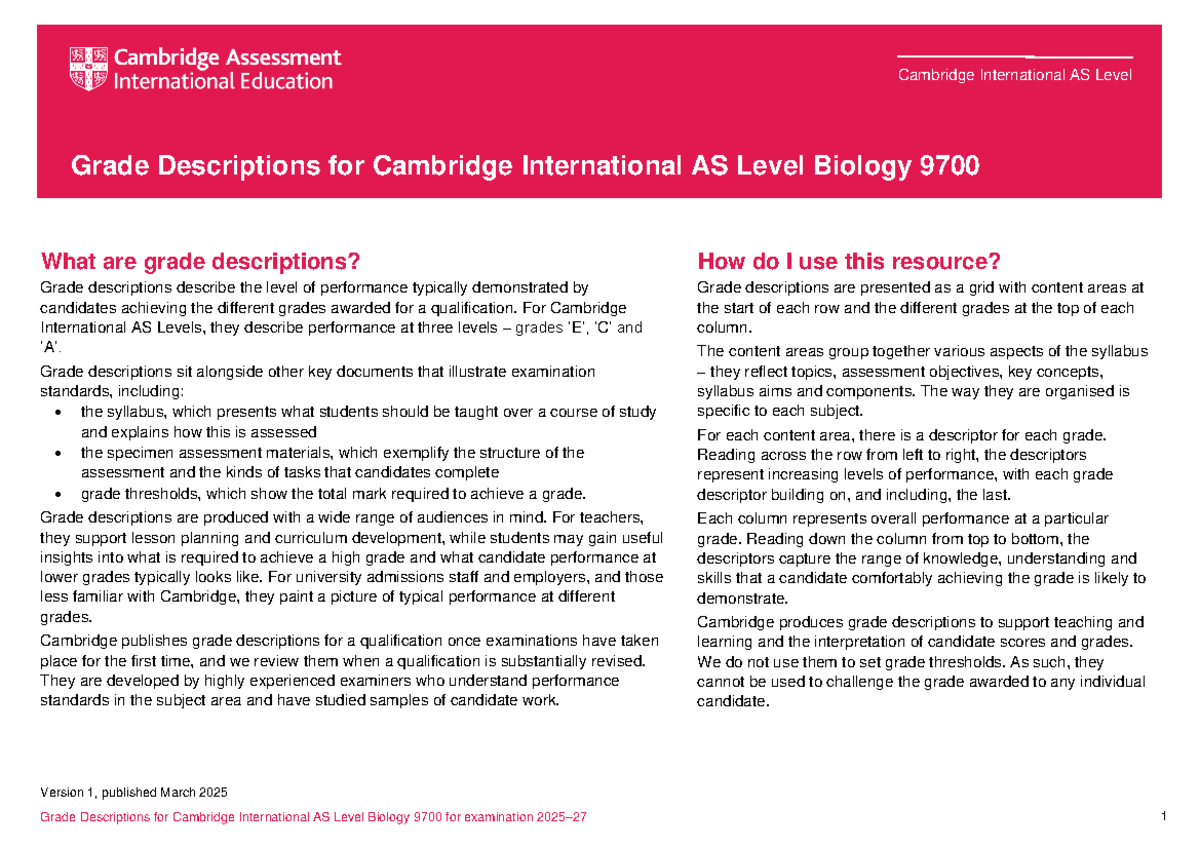 Grade Descriptions for Cambridge International AS Level Biology 9700 ...