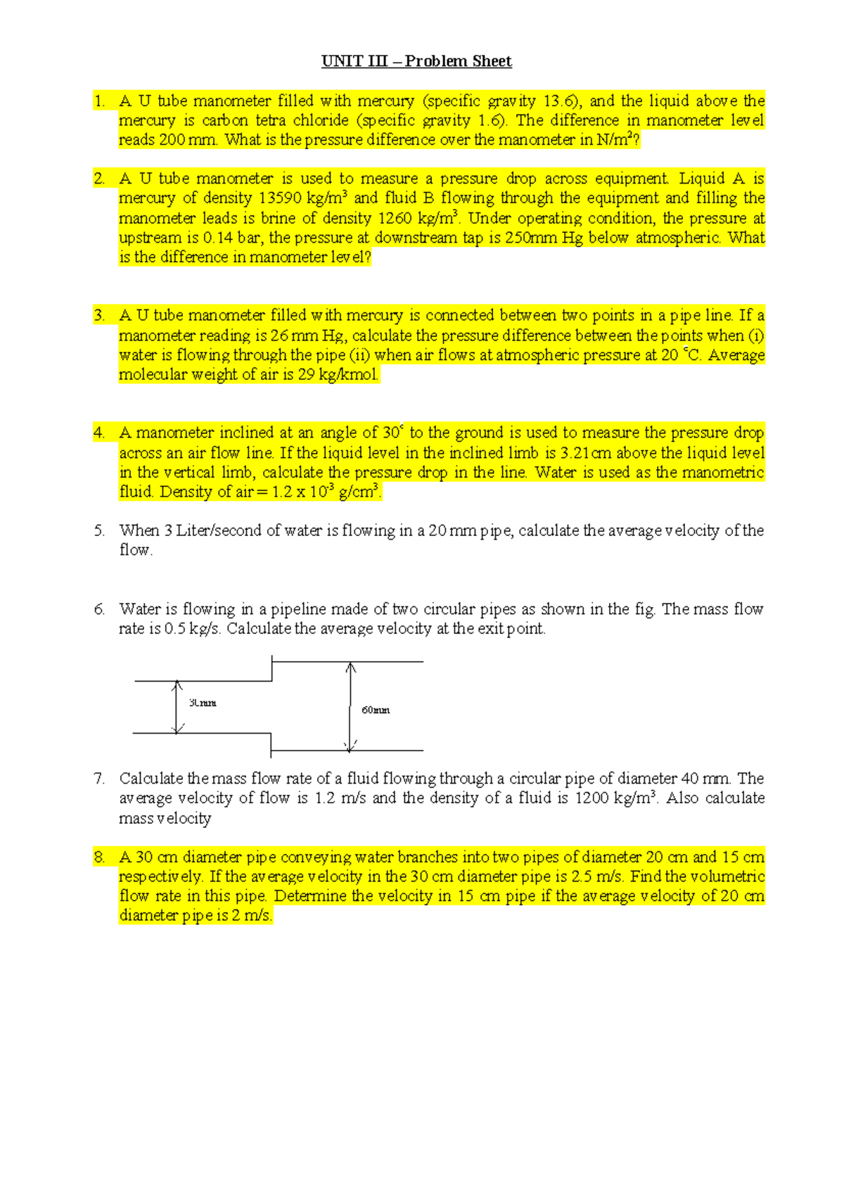 Unit III Problem Sheet BCE - UNIT III – Problem Sheet A U tube manometer filled with mercury ...