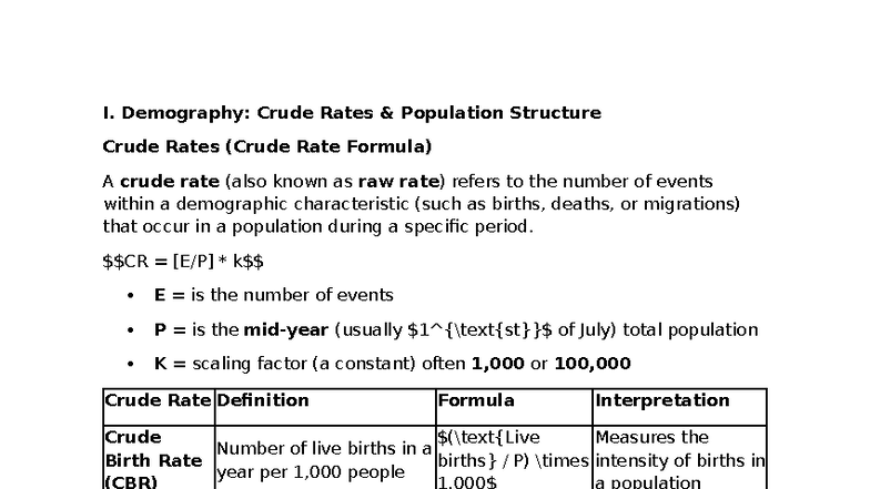 Statistics mini test - ... - I. Demography: Crude Rates & Population ...