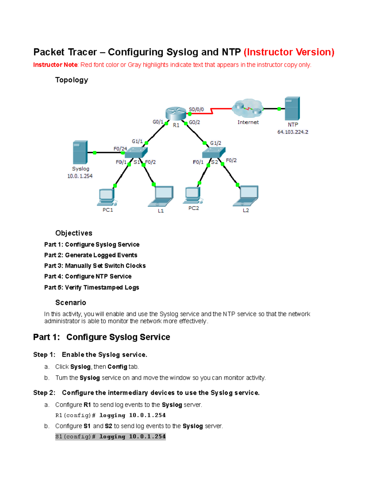 8.1.2.5 Packet Tracer - Syslog & NTP Configuration Guide - IG - Studocu