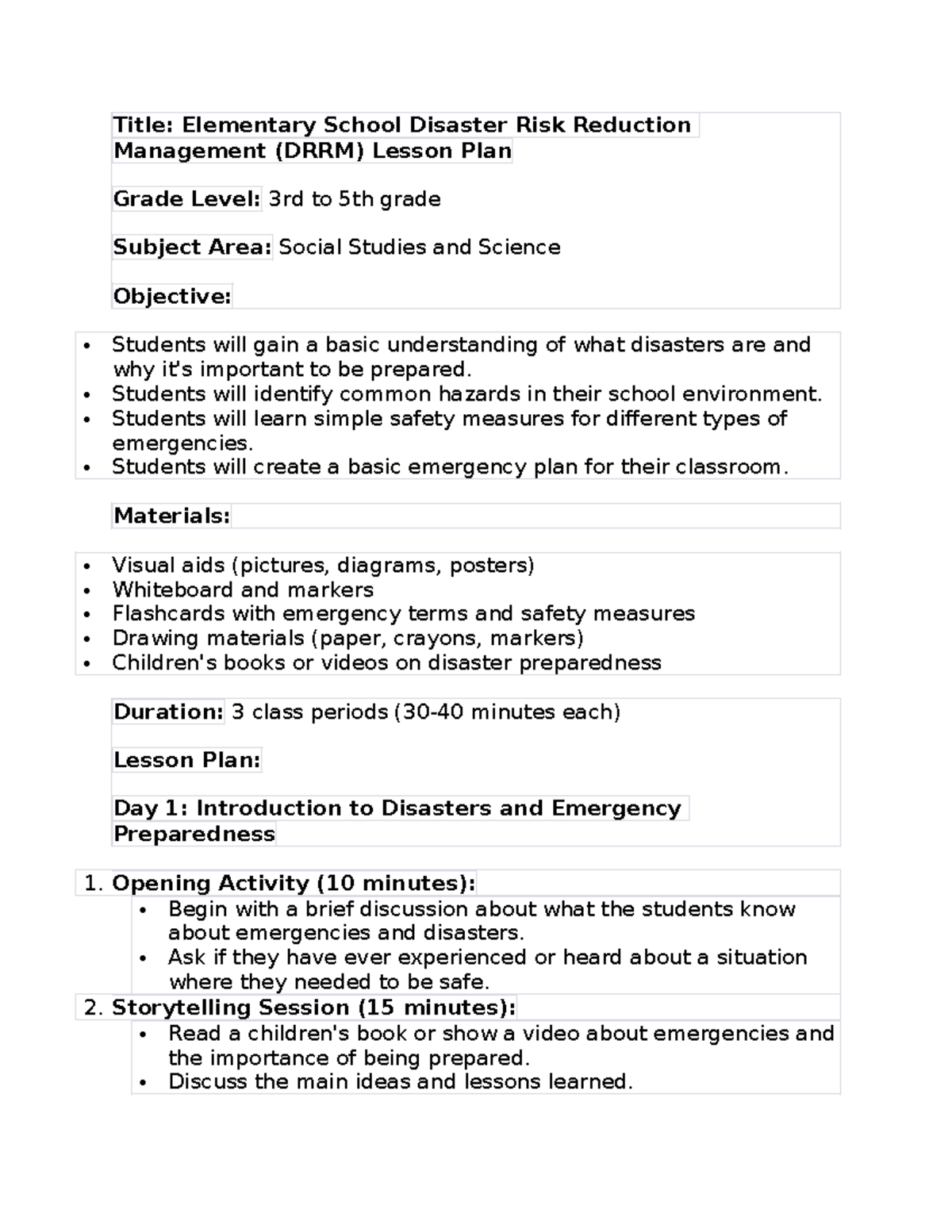 Lesson Plan for Elementary DRRM: Adventure in Preparedness - Studocu