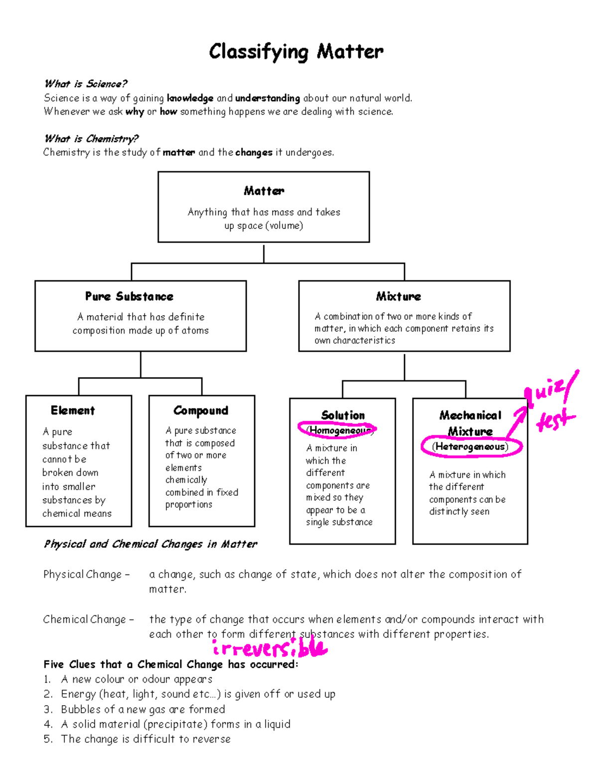 2D Chemistry Teacher Notes: Classifying Matter and Chemical Reactions ...