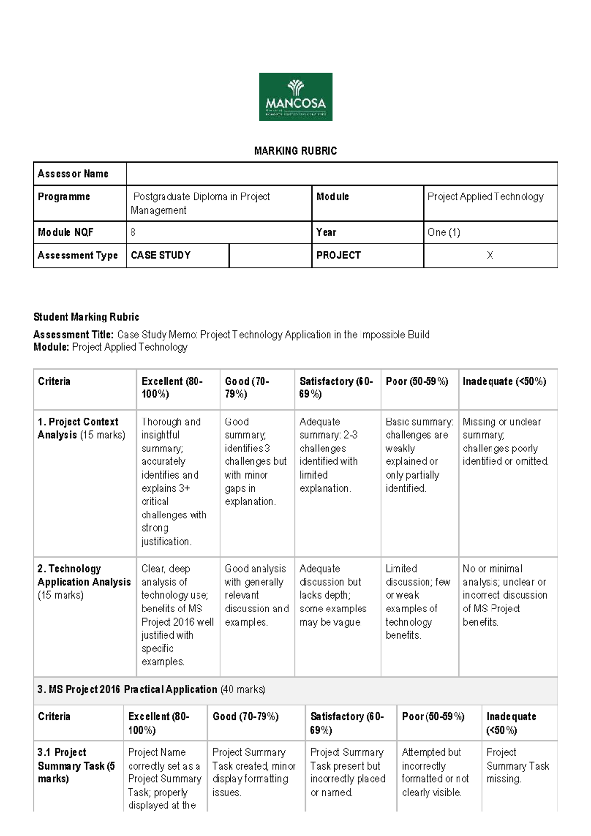 Case Study Project X Marking Rubric - PGDPM PAT8 - Studocu