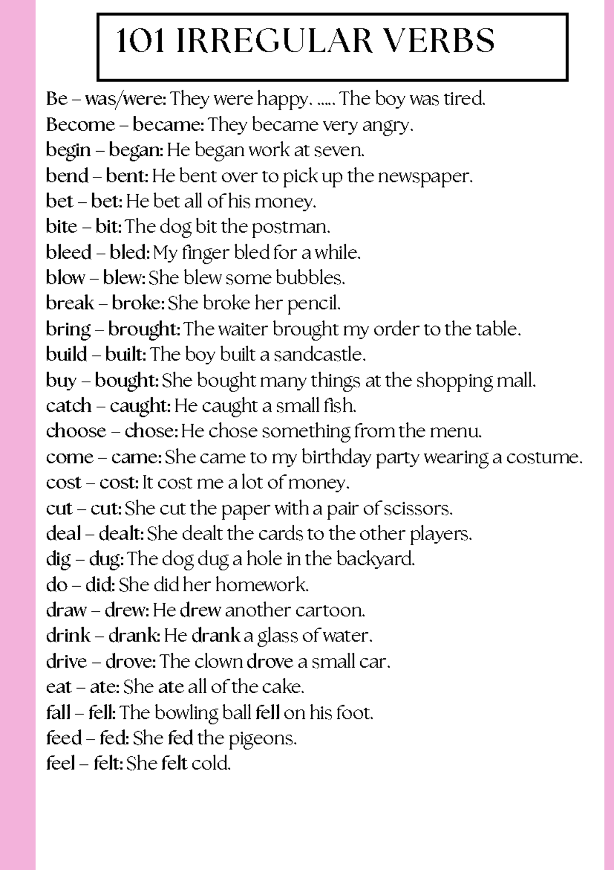 101 Irregular Verbs – Past Tense Guide for English Learners - Studocu