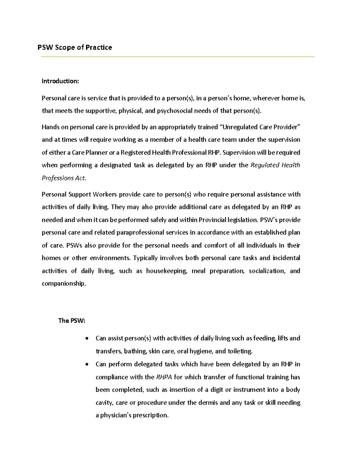 PSW Scope of Practice: Roles & Responsibilities in Personal Care - Studocu