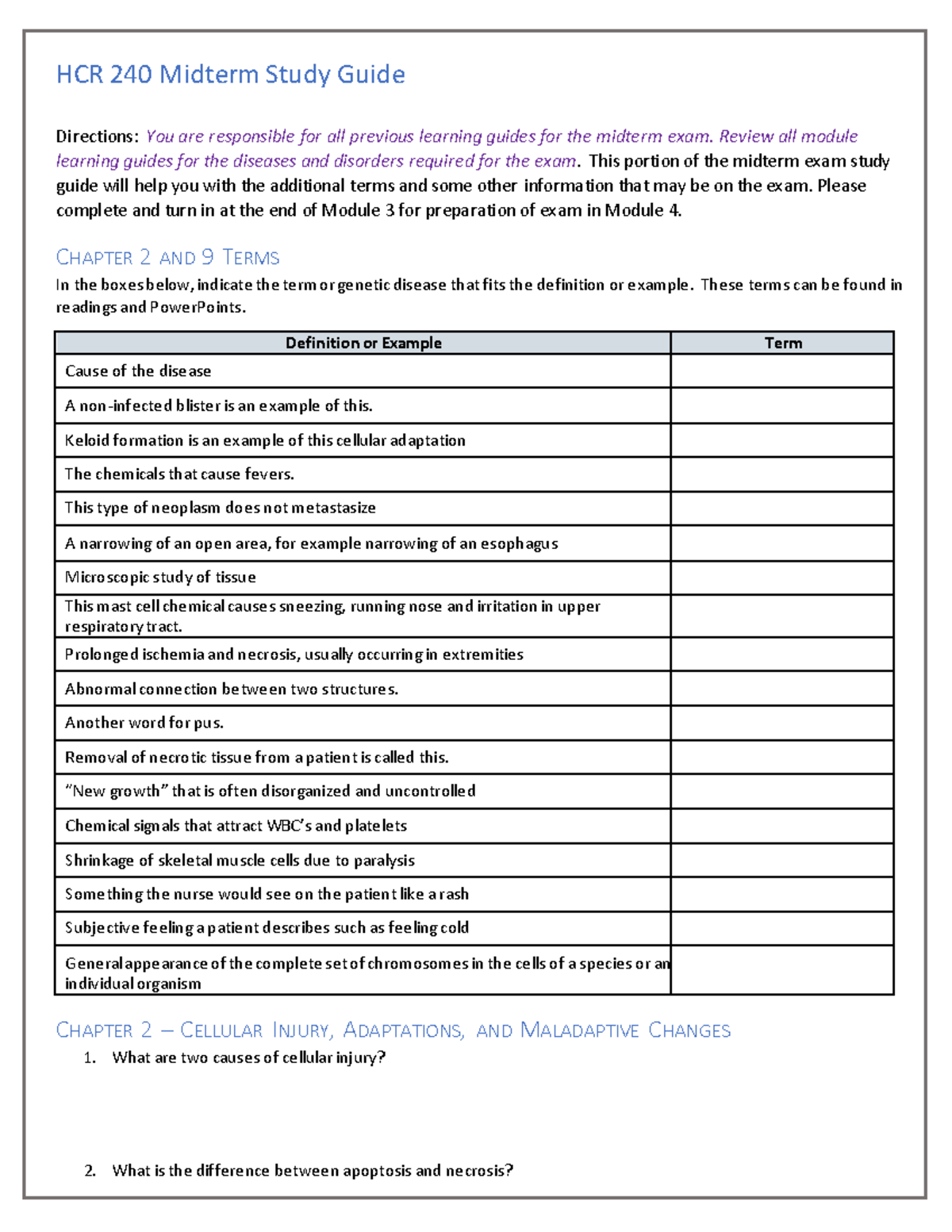 HCR 240 Module 3 Midterm Exam Comprehensive Study Guide - Studocu