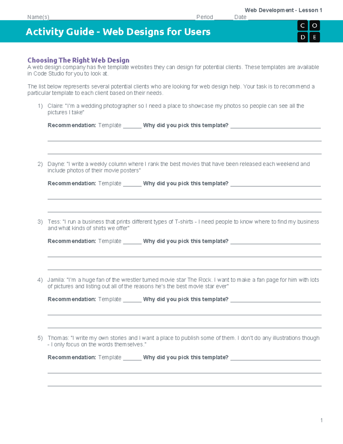 U2L01 - Activity Guide - Web Designs for Users (A) - Web Development ...