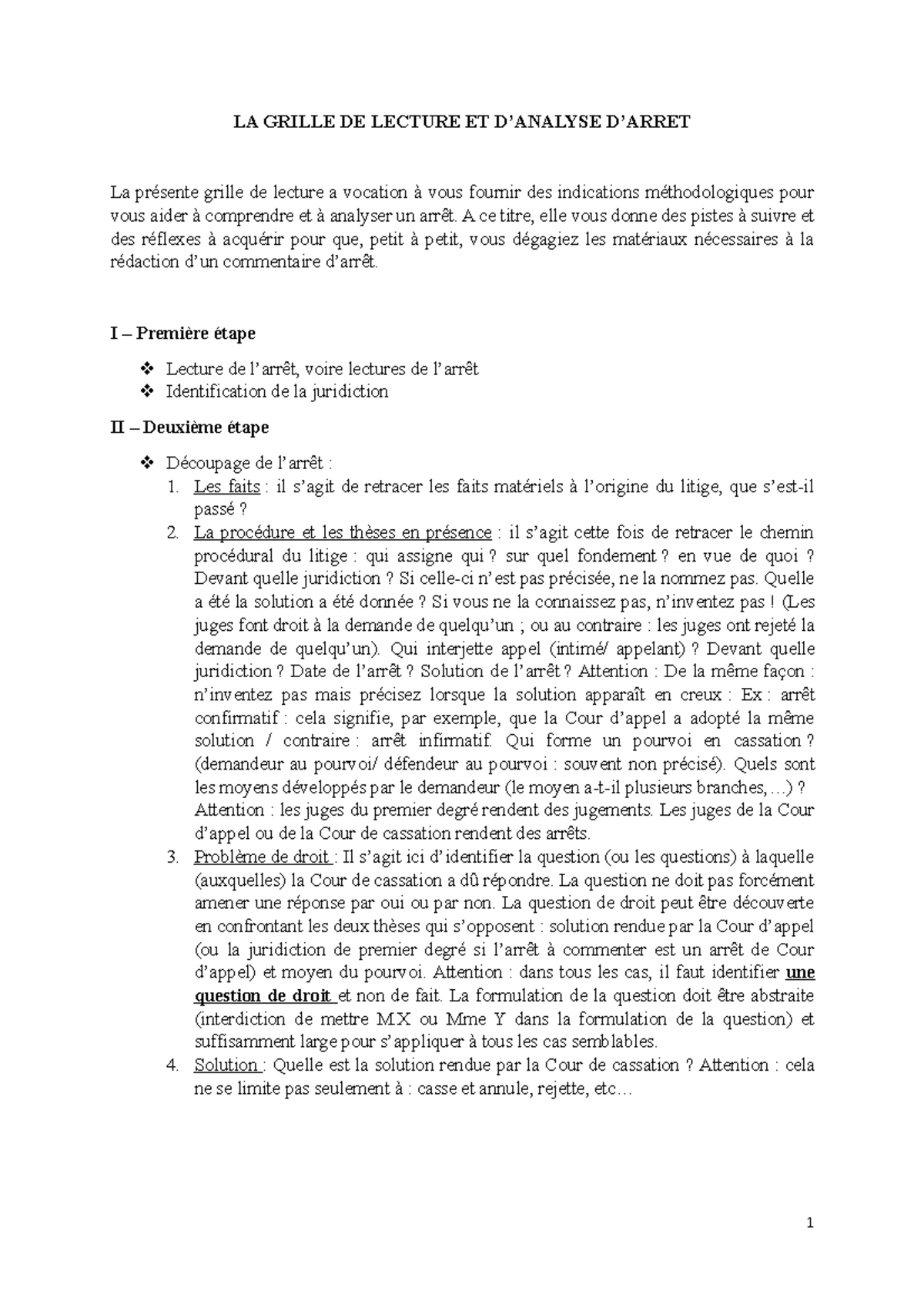 Grille de Lecture et Analyse pour Commentaire d'Arrêt - Méthodologie ...