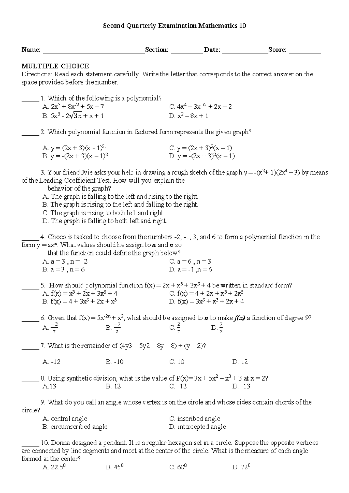 MATH 10 2ND Quarter Final Exam Review and Solutions 2023 - Studocu