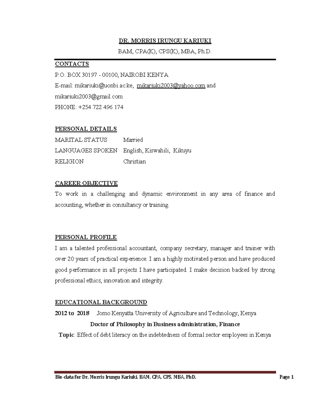 CV of Dr. Morris Irungu Kariuki, BAM, CPA(K), CPS(K), MBA, PhD - Studocu