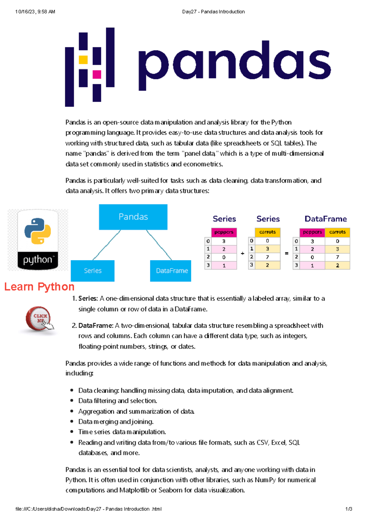 Python Pandas - An Introduction to DataFrames and Series Methods - Studocu