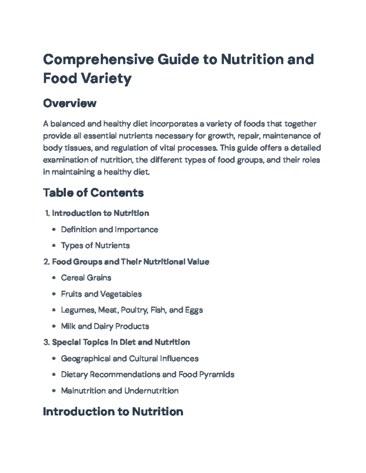 Comprehensive Guide to Nutrition and Food Variety (Course Code ...