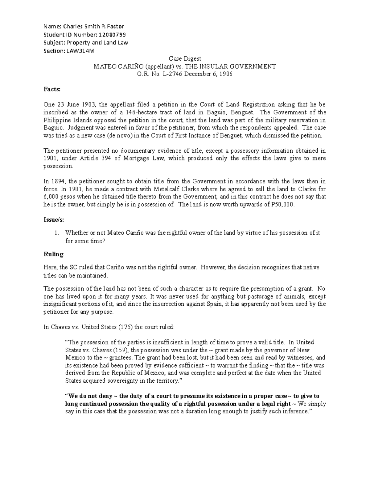 Case Digest: Carino vs Insular Gov't, G.R. No. L-2746 (1906) - Studocu