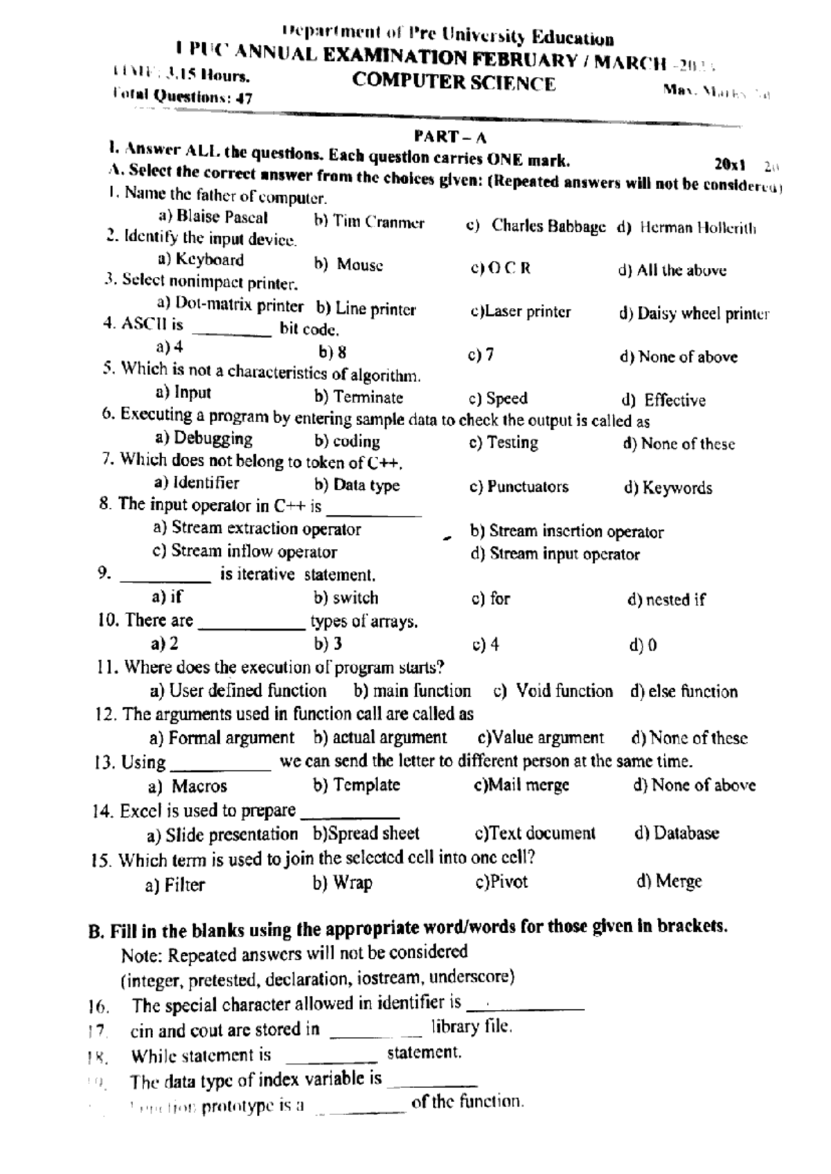 PUC I Computer Science Annual Exam Questions - March 2023 - Studocu