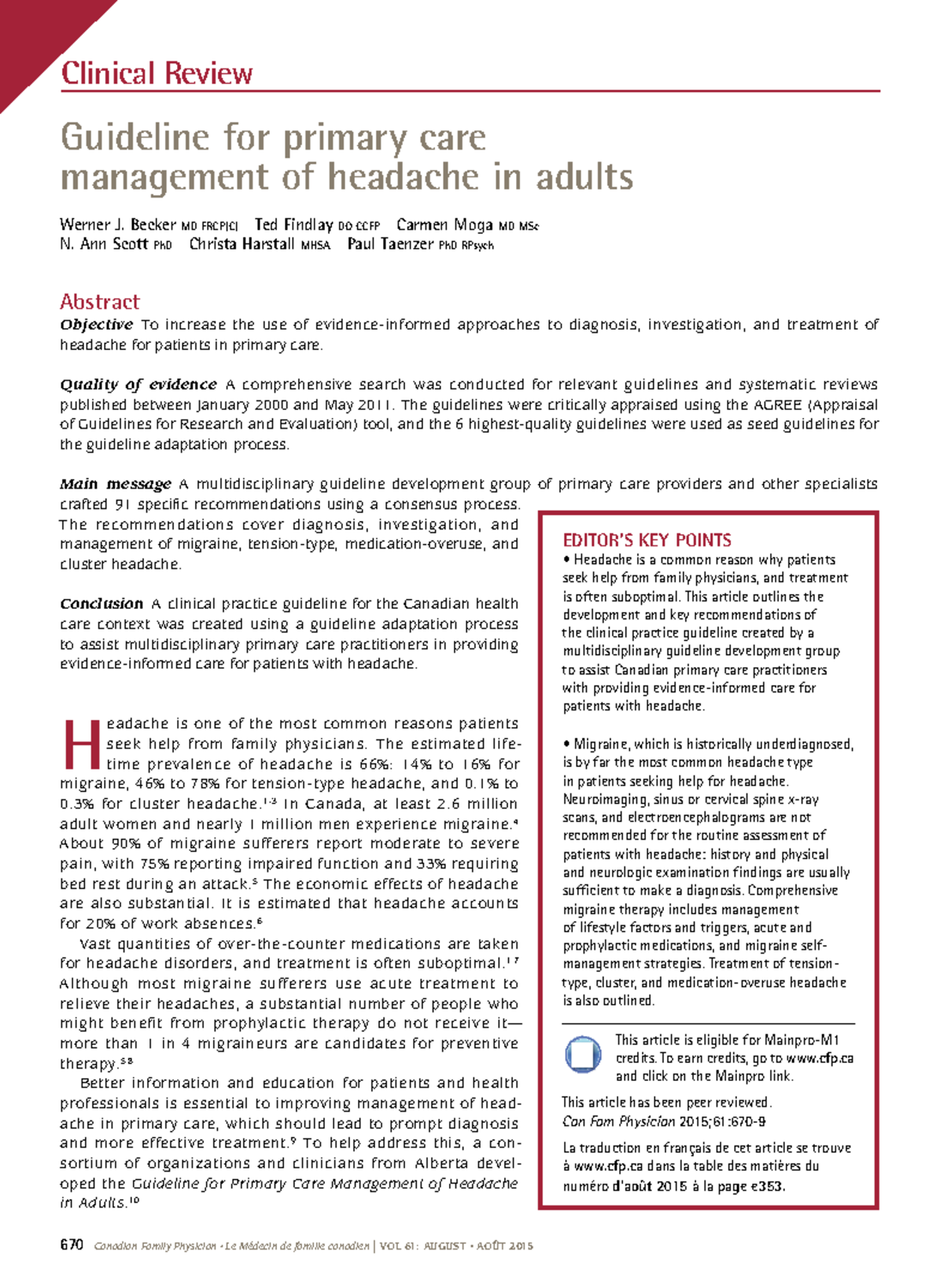Guideline for Primary Care Management of Headache in Adults (CFP 2015 ...
