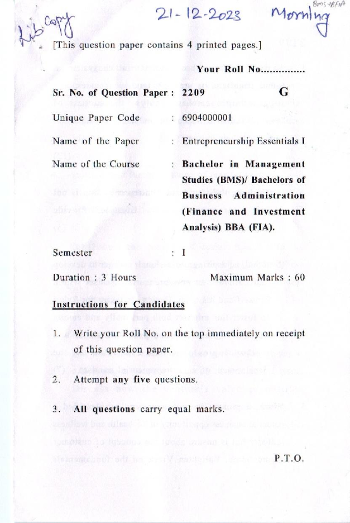 2024 BBA (FIA) Semester I Final Exam: Entrepreneurship Essentials I ...