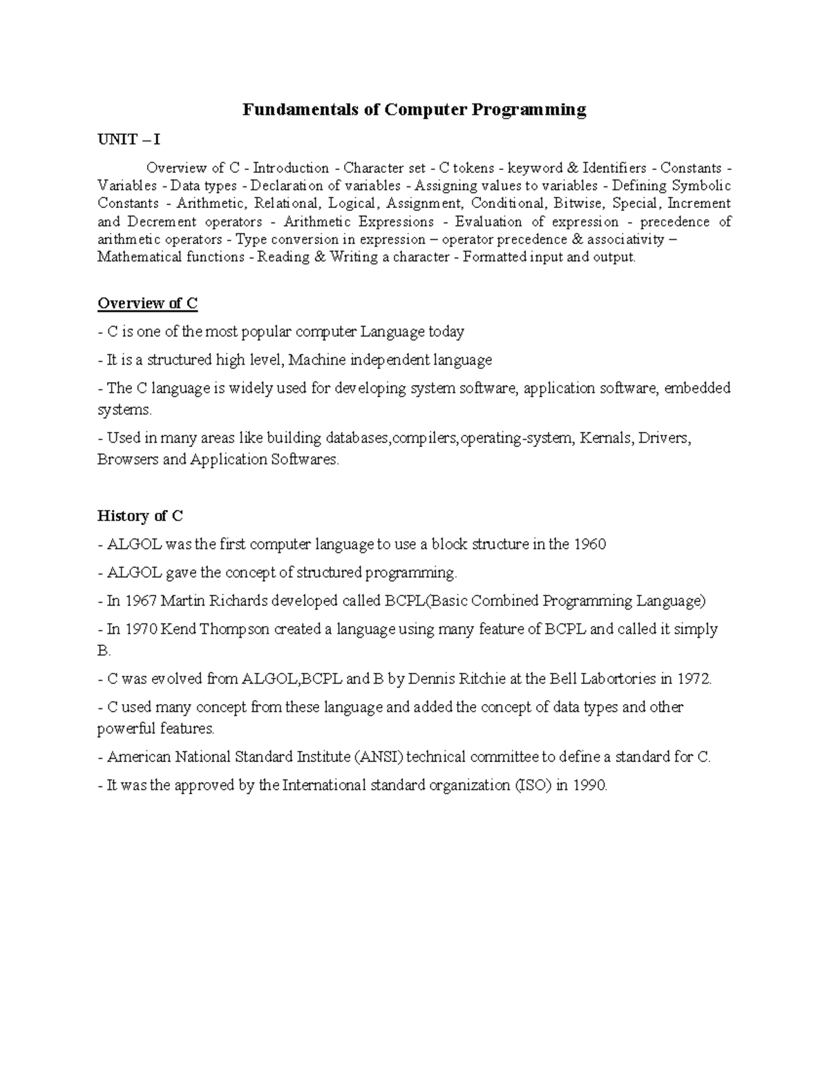 C Programming Fundamentals: Notes on Units I & II - Studocu